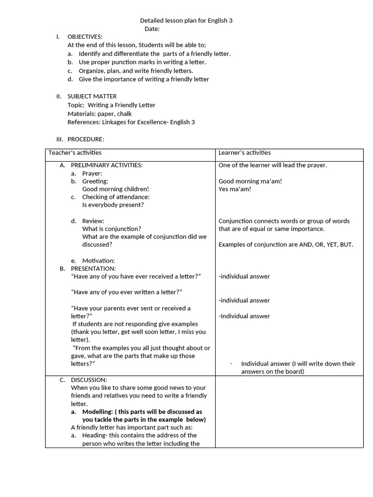 Grade 3 Friendly Letter Lesson Plan | PDF | Learning | Human Communication
