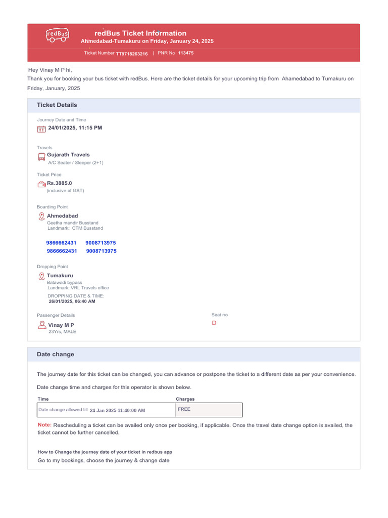 redBus Ticket Details and Date Change Guide | PDF | Bus