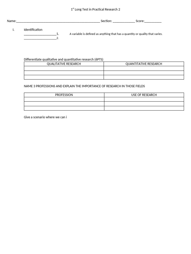 Practical Research 2 Test Overview | PDF