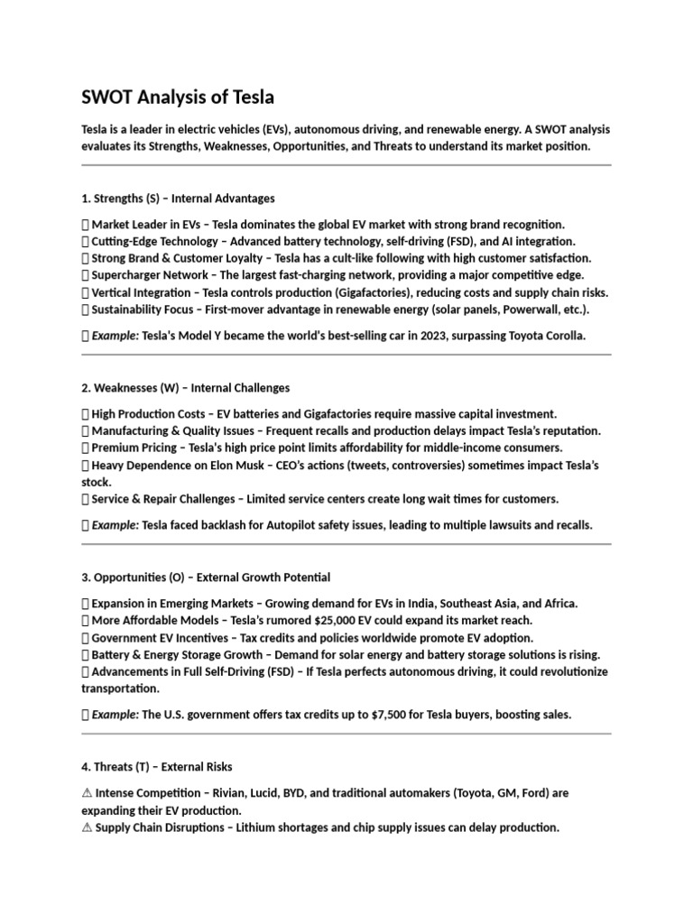 swot&pest analysis of tesla | PDF | Electric Vehicle | Economies