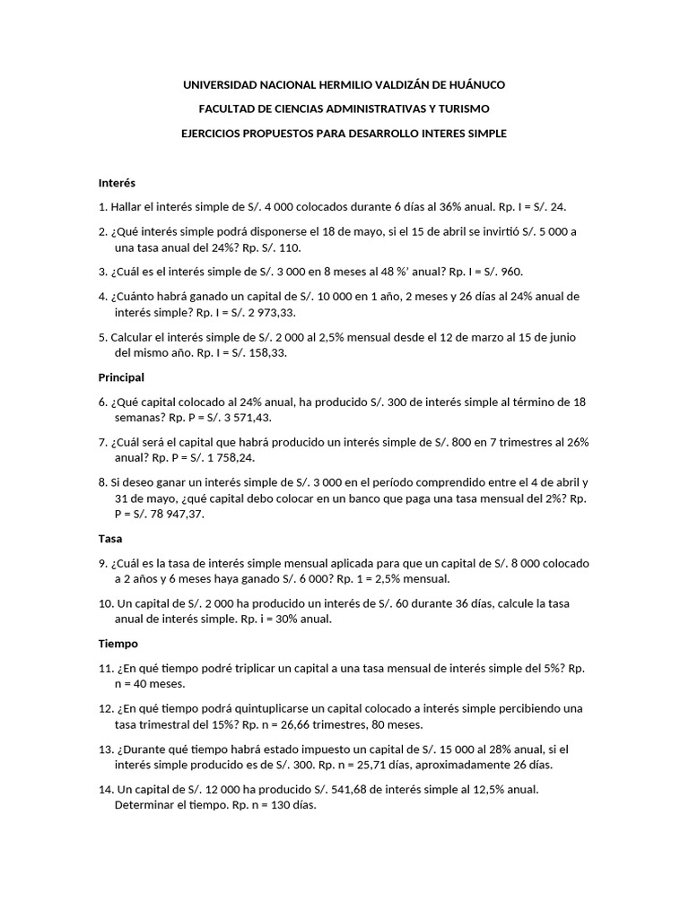 Ejercicios Propuestos de Inter%c3%89s Simple 1 | PDF | Interés ...