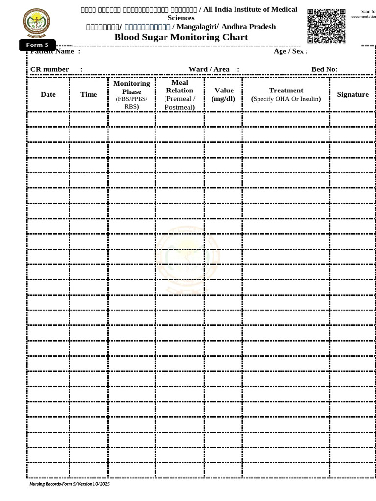 Form 5 Ver 1.0 - Blood Sugar Monitoring Chart | PDF | Medicine ...