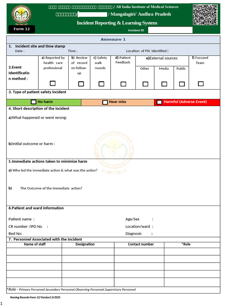 Form 12 Ver 1.0-Incident Report Form | PDF | Patient Safety | Health Care