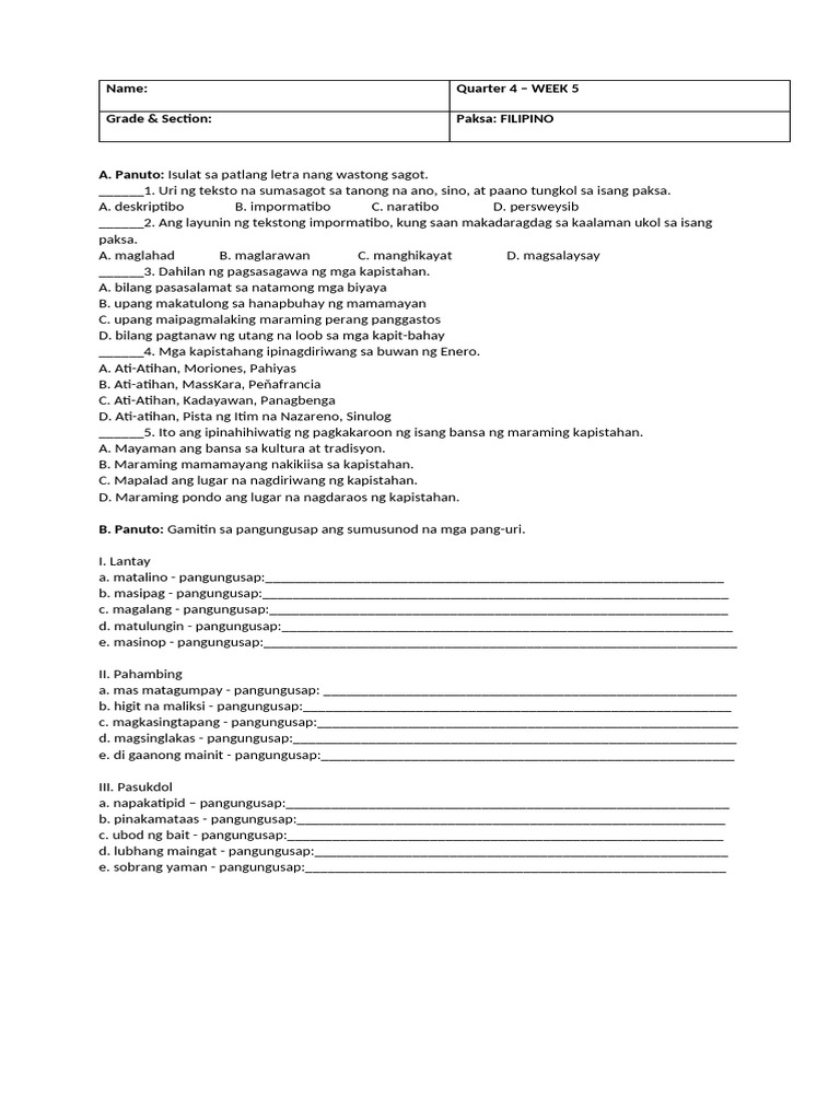 FILIPINO-WORKSHEET-week5 | PDF