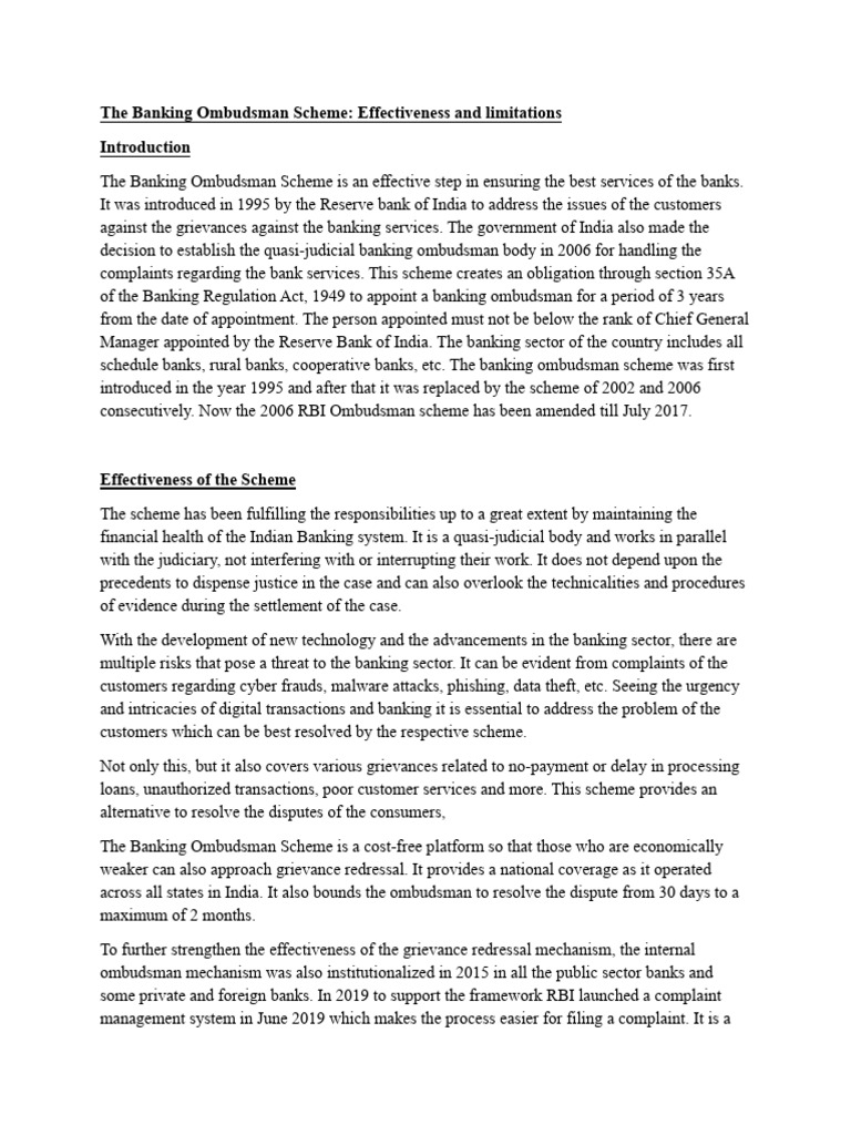 Banking Ombudsman Scheme: Overview & Issues | PDF | Reserve Bank Of ...