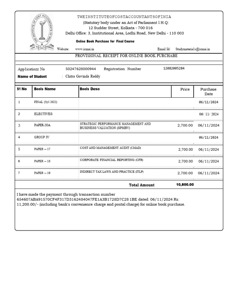 ICMAI Online Book Purchase Receipt | PDF