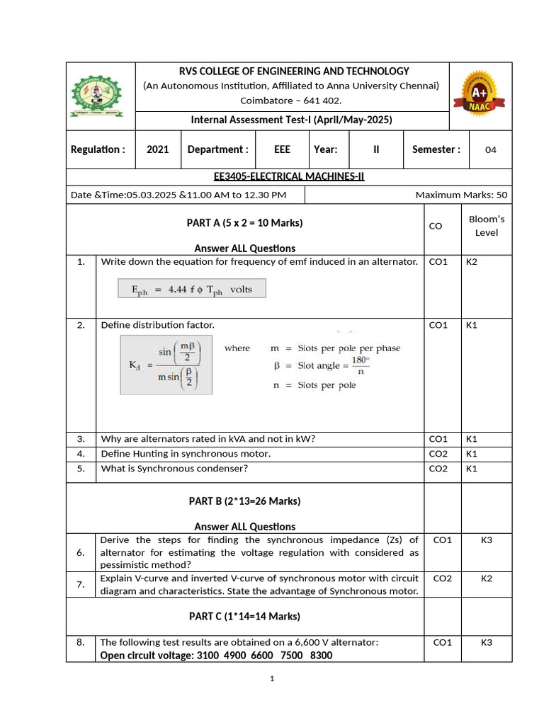 IAT 1 QP - EM-II-2025 - Answer Key | PDF | Electrical Engineering | Electricity