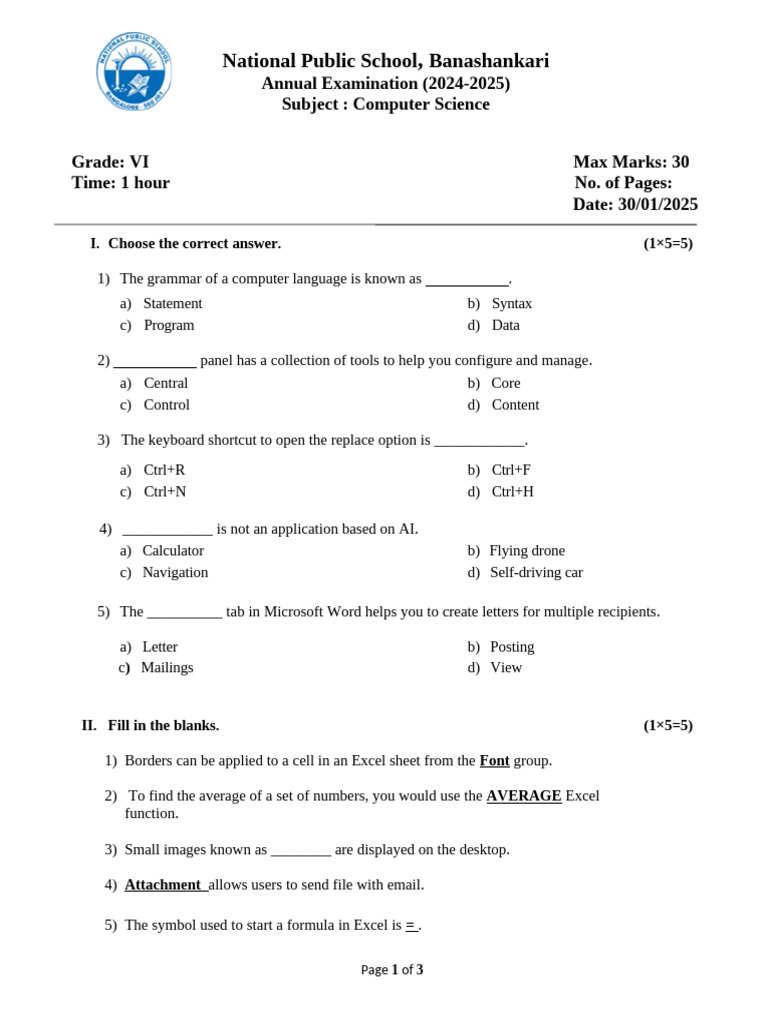 Computer Science Exam Paper for Grade VI | PDF | Microsoft Excel ...