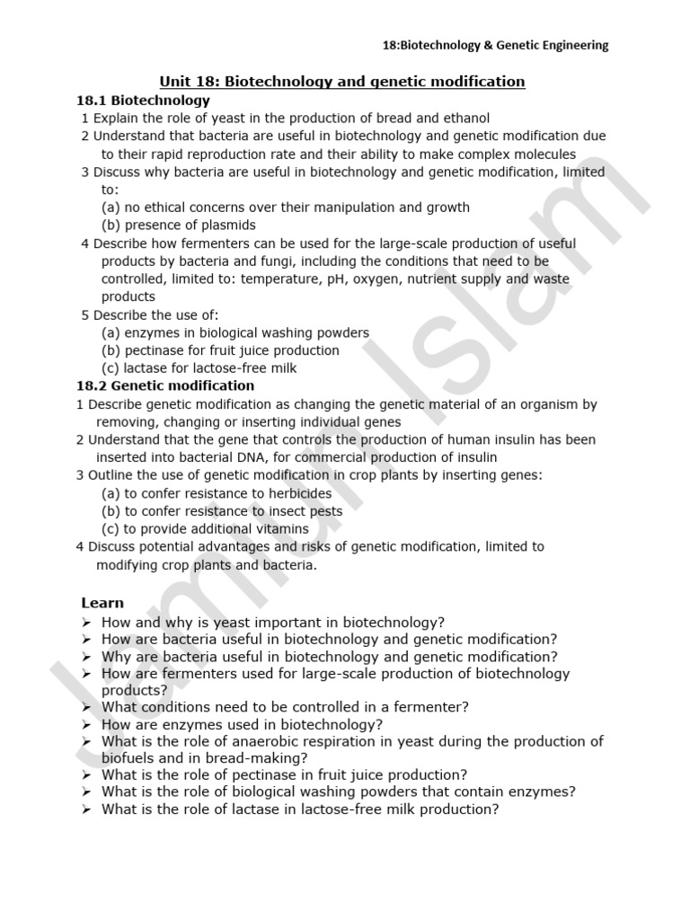 Unit 18_Biotechnology & Genetic Engineering | PDF | Genetic Engineering | Yeast