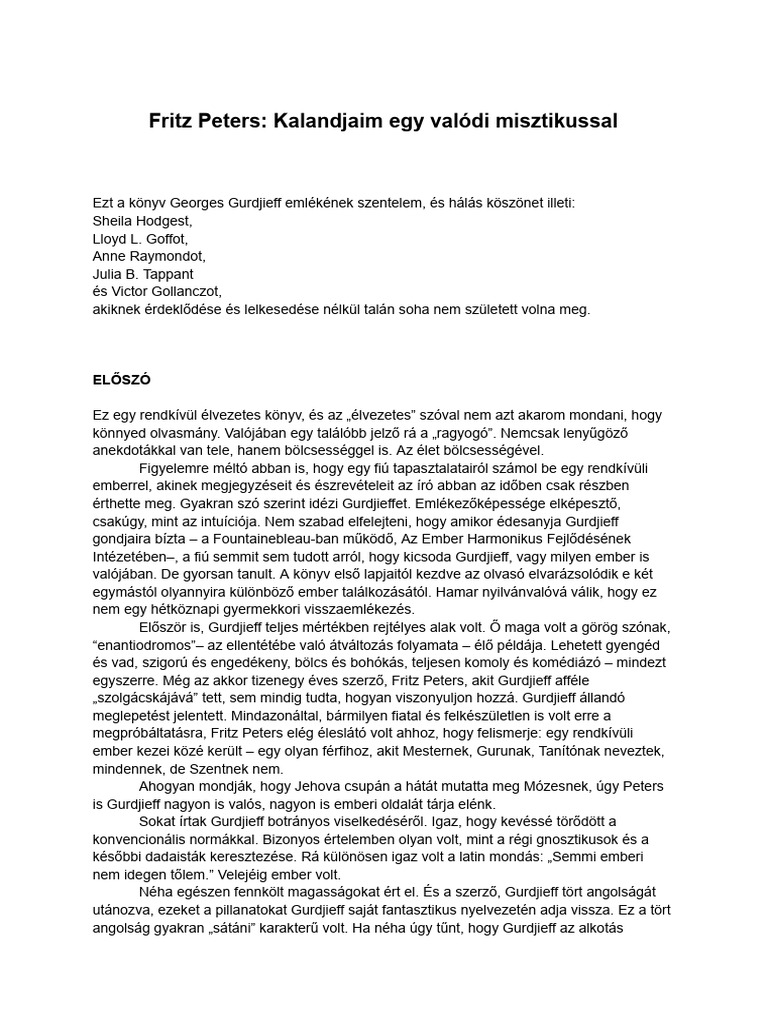 Előszó: Fritz Peters - Kalandjaim Egy Valódi Misztikussal | PDF