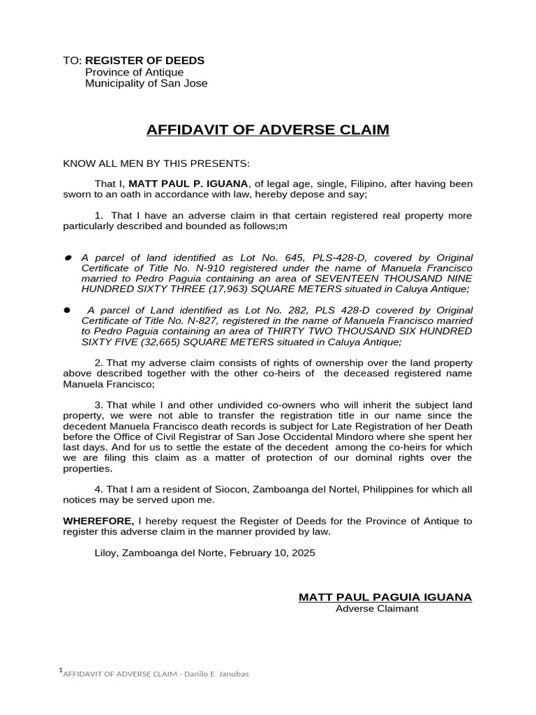 Affidavit of Adverse Claim Caluya | PDF | Property Law | Environmental Law