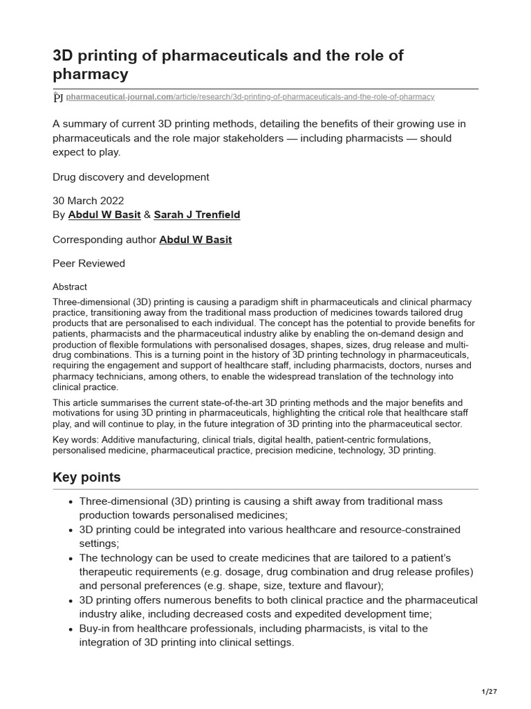 3D Printing: Revolutionizing Pharmacy | PDF | Pharmacy | Personalized ...