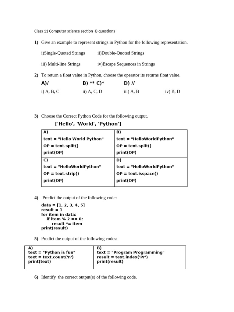 Class 11 Python String and Code Questions | PDF | String (Computer ...