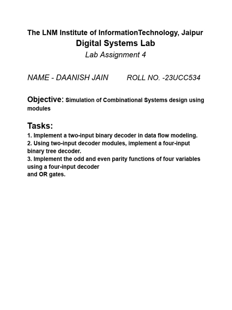 Digital Systems Lab: Lab Assignment 4 Name - Daanish Jain | PDF