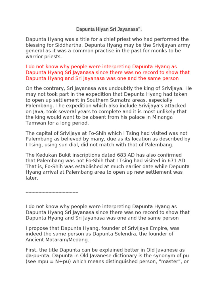 Dapunta Hiyan Sri Jayanasa Older | PDF