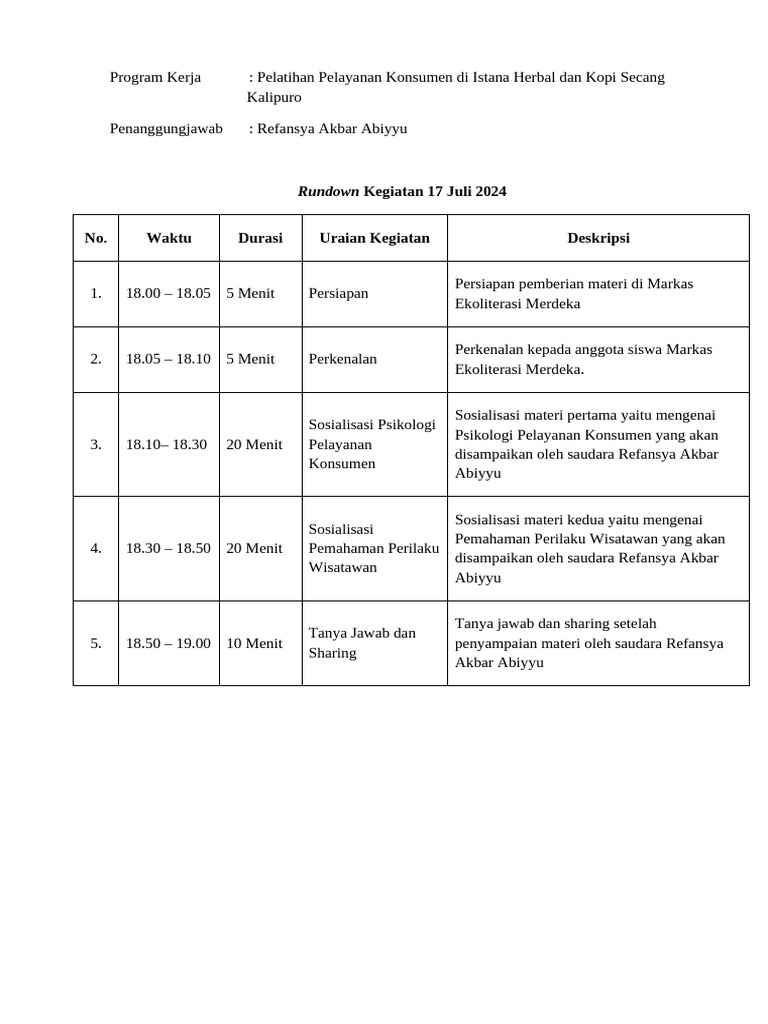 Rundown Program Kerja 17 Juli 2024 | PDF