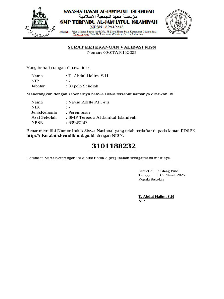 Surat Ket Validasi Nisn | PDF