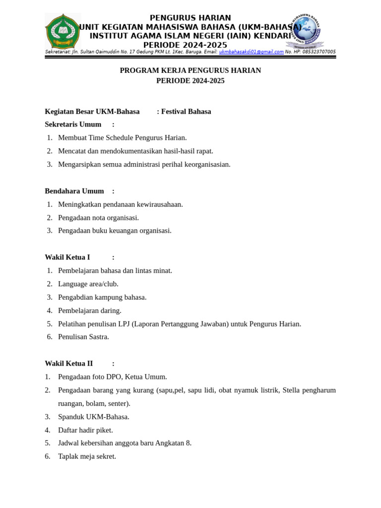 Program Kerja Pengurus Harian Periode 2024-2025 | PDF
