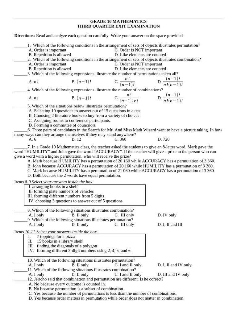 Grade 10 Math Quaeter 3 Quarterly Exam Sy 2022 2023 | PDF | Permutation ...