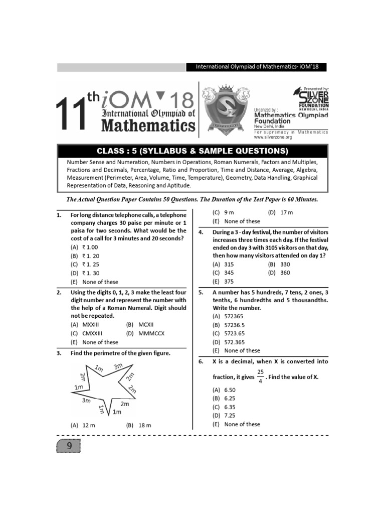 Class 5 IOM Sample Paper | PDF | Numbers | Mathematics