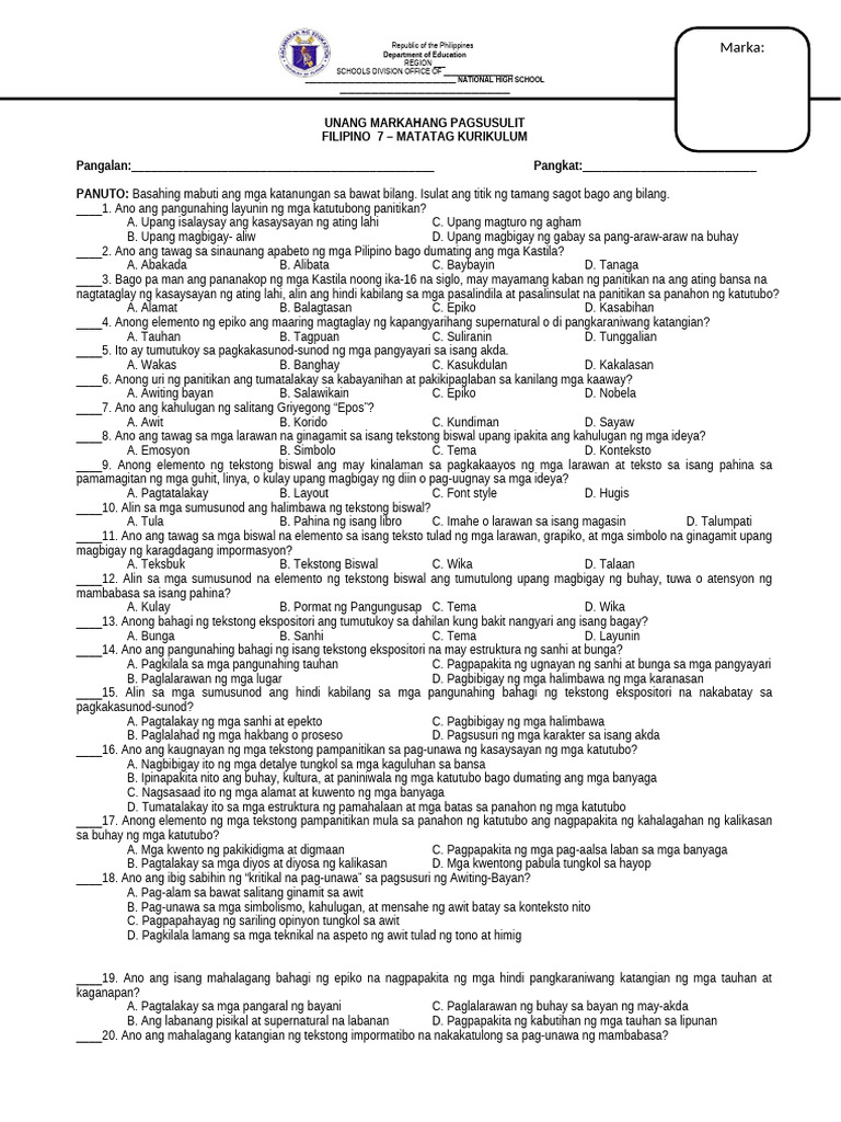 MATATAG-First Periodic Test-FILIPINO-7-SY24 - 25.1111111 | PDF