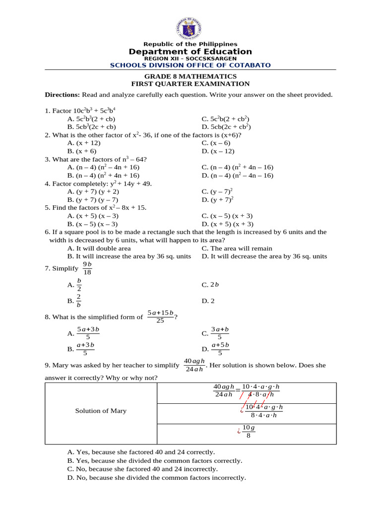 QuarterlyExam Math8 Q1 Final-V1.1-1 | PDF | Slope | Equations
