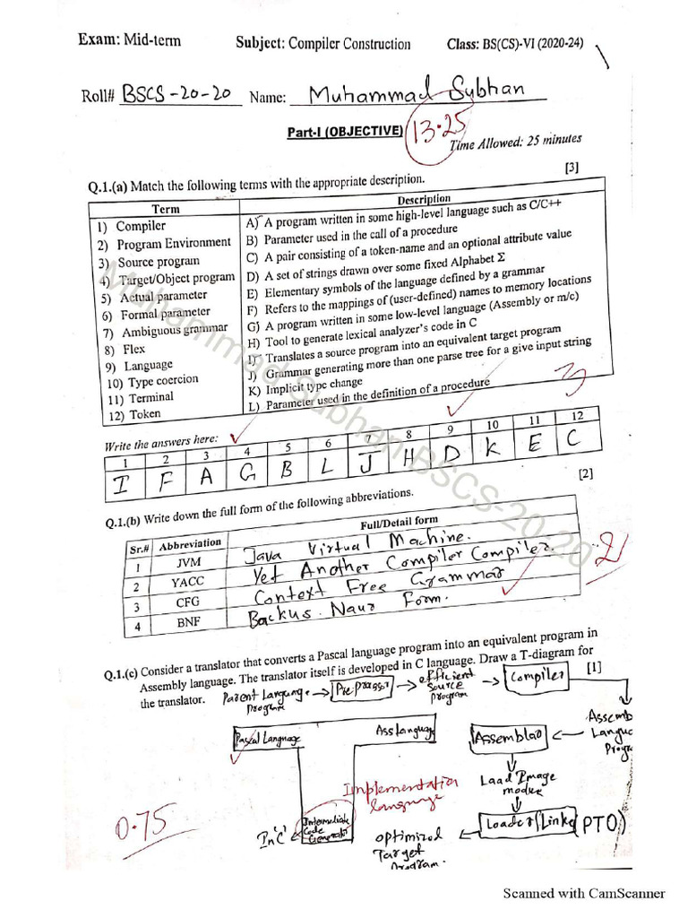 Compiler Construction mid objective paper | PDF