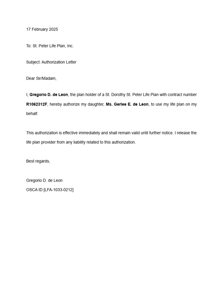 Authorization Letter for Life Plan Use | PDF