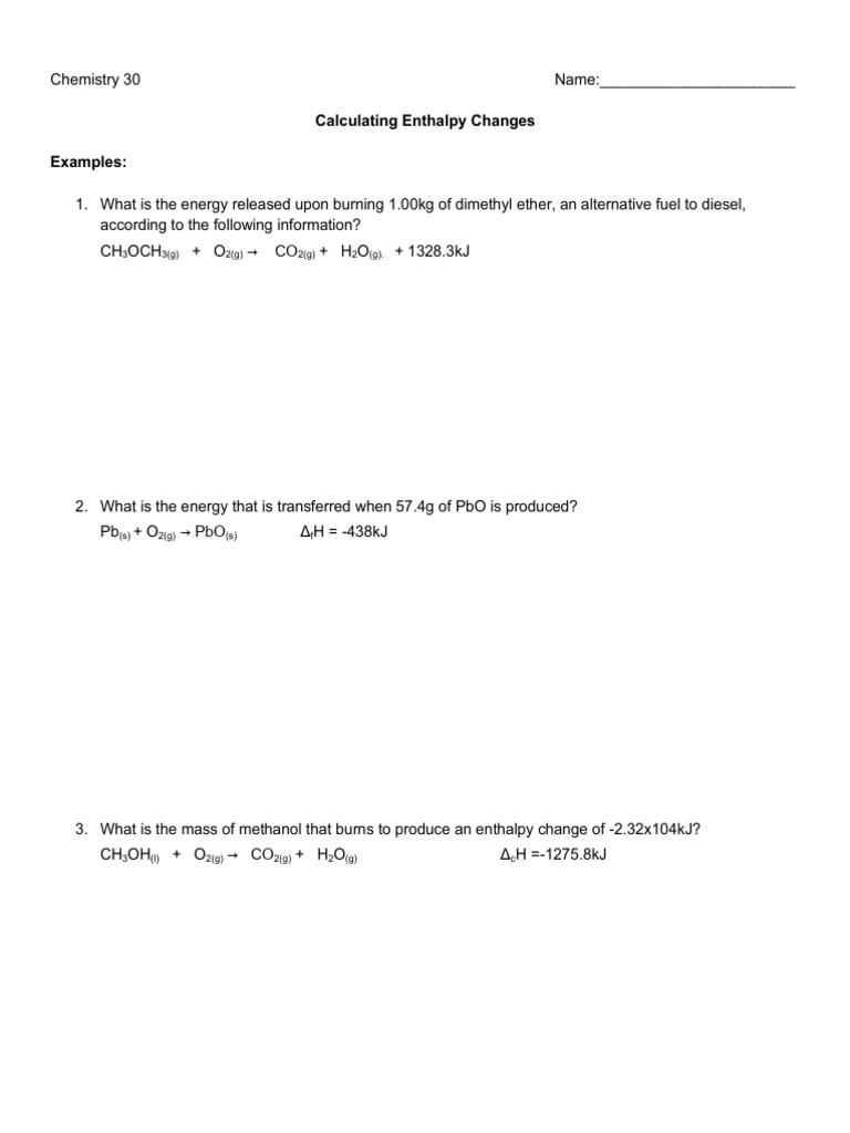 Calculating Enthalpy Changes Worksheet | PDF