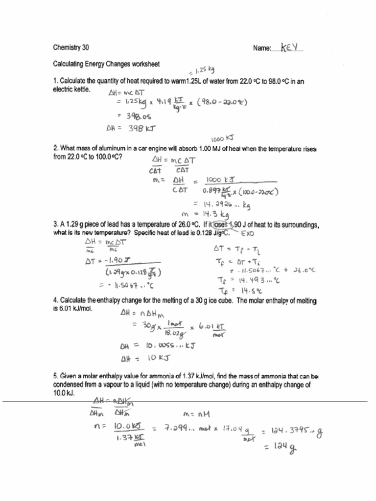 Answers to Calculating Energy Changes Ws | PDF