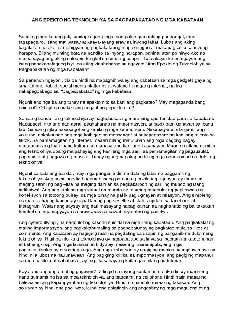 Ang Epekto NG Teknolohiya Sa Pagpapakatao NG Mga Kabataan | PDF