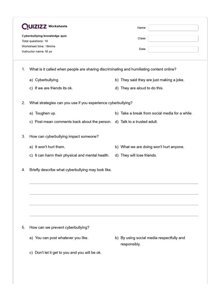 Cyberbullying Knowledge Quiz - Quizizz | PDF