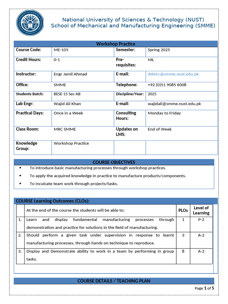 ME-105 Workshop Practice Overview 2025 | PDF | Foundry | Welding