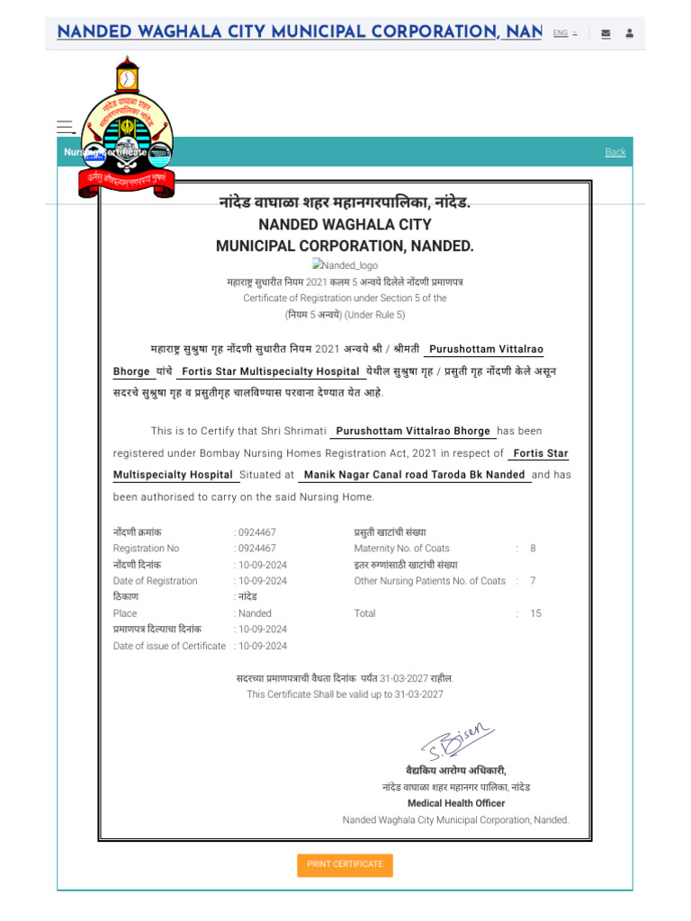 Fortis Star Hospital Registration Certificate | PDF | Health Care | Nursing