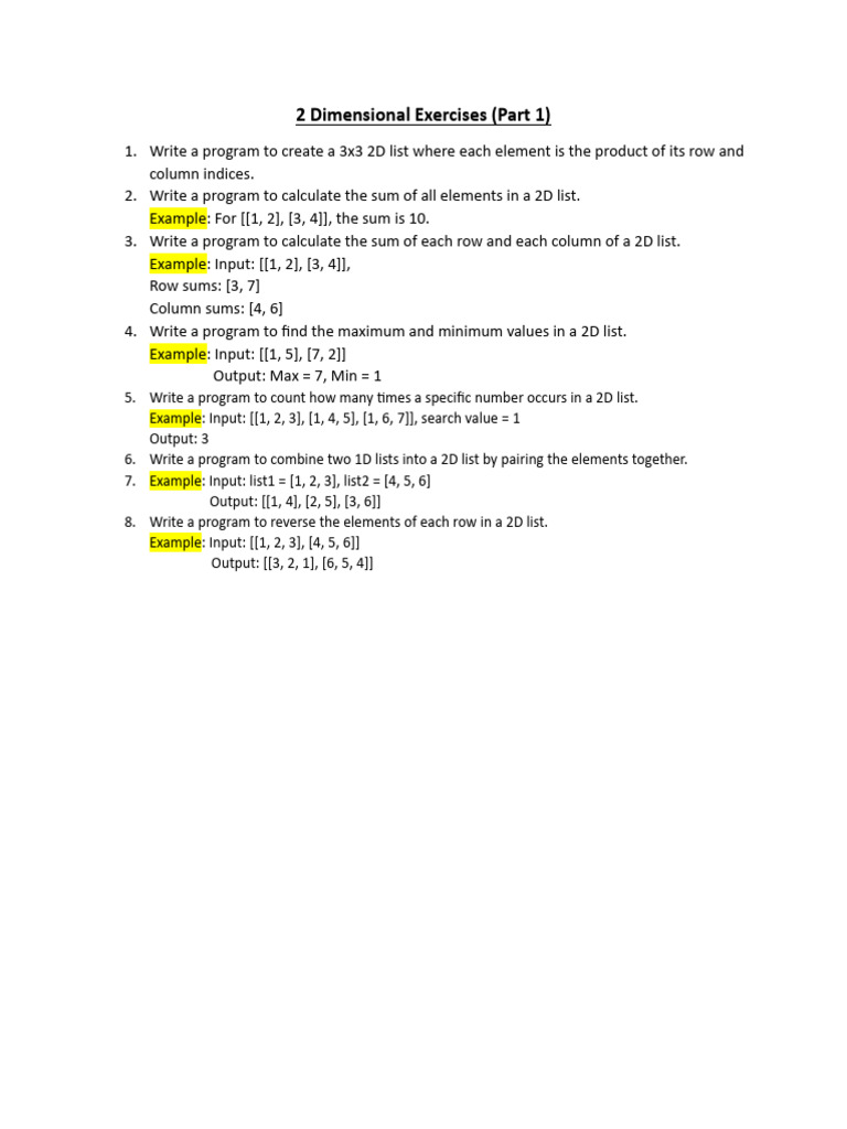 2 Dimensional Exercises (Part-1) | PDF