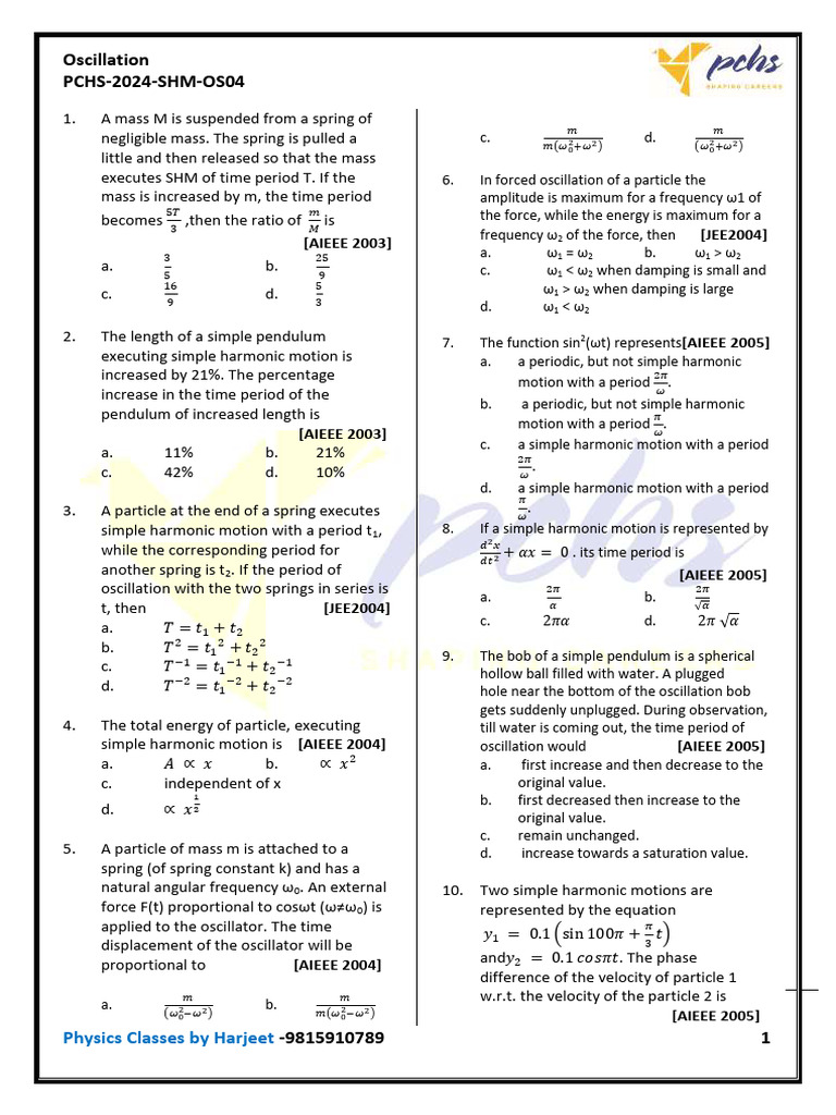 Oscilllations Pchs-2024-Shm-Os04-1 | PDF | Oscillation | Pendulum