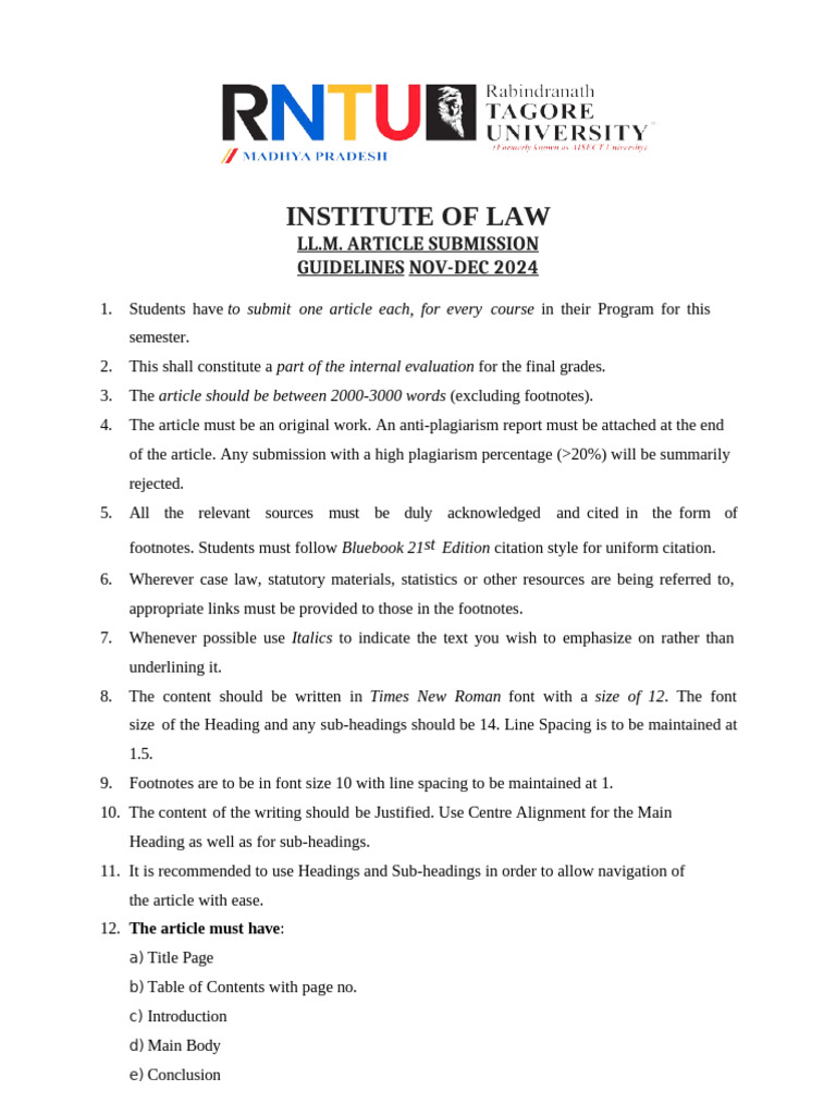 LLM One Year Article Submission Guidelines 2024-25 Third Semester | PDF