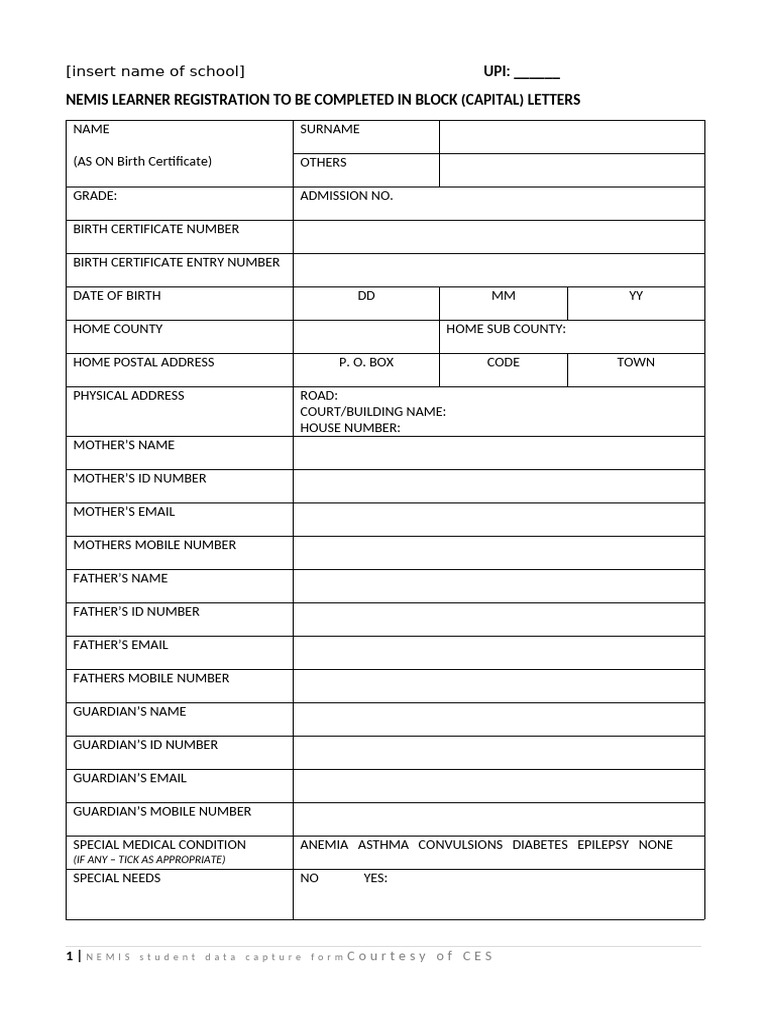 NEMIS Student Registration Form | PDF