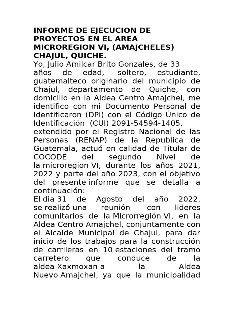 Informe Proyectos Microregión VI Chajul | PDF