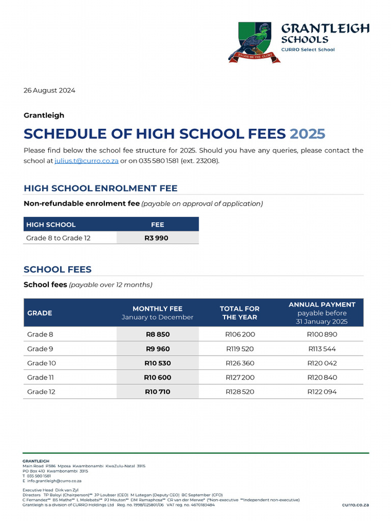 Grantleigh 2025 High School Fee Letter Final For Web | PDF