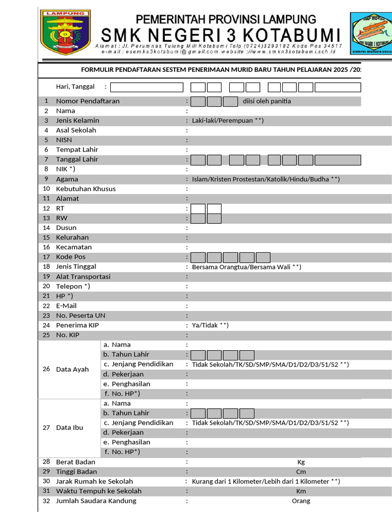 Formulir SPMB 2025 - 2026 SMK Negeri 3 Kotabumi 2025 | PDF