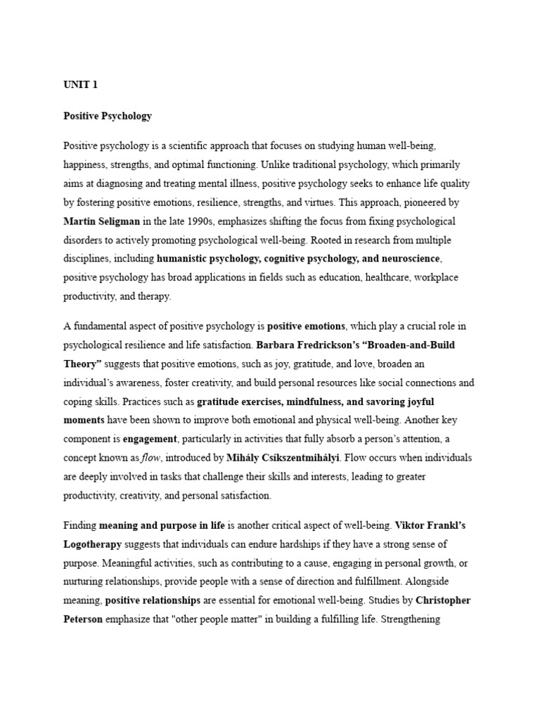 UNIT 1 Positive Psychology | PDF | Positive Psychology | Psychological ...