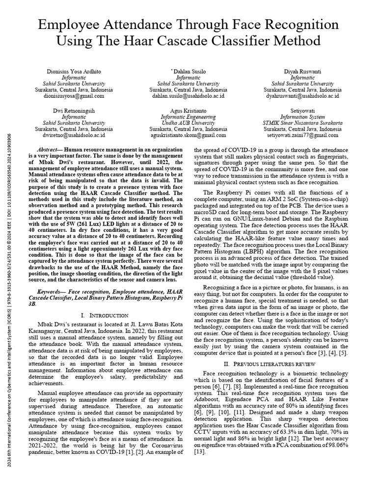 Employee Attendance Through Face Recognition Using The HAAR Cascade Classifier Method | PDF ...