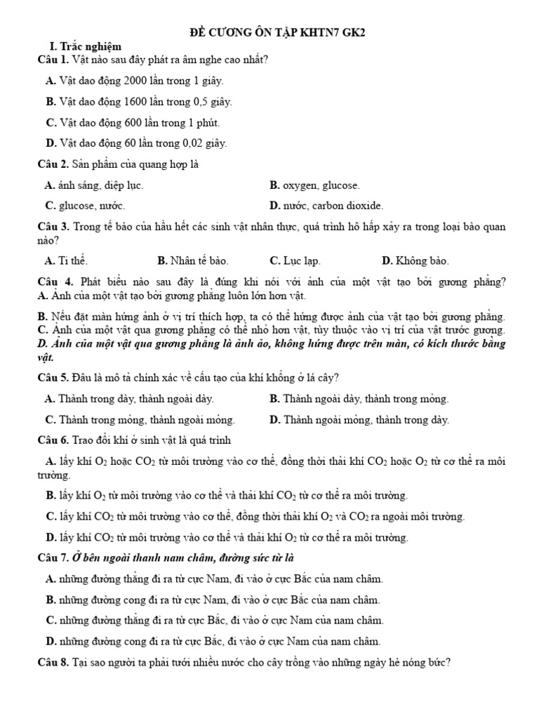 Đề Cương Ôn Tập Khtn7 Gk2 | PDF