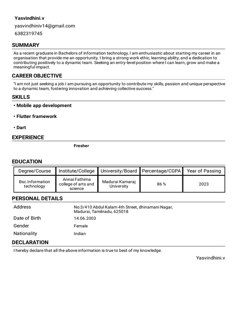 Resume Yasvindhini.v Format1 | PDF