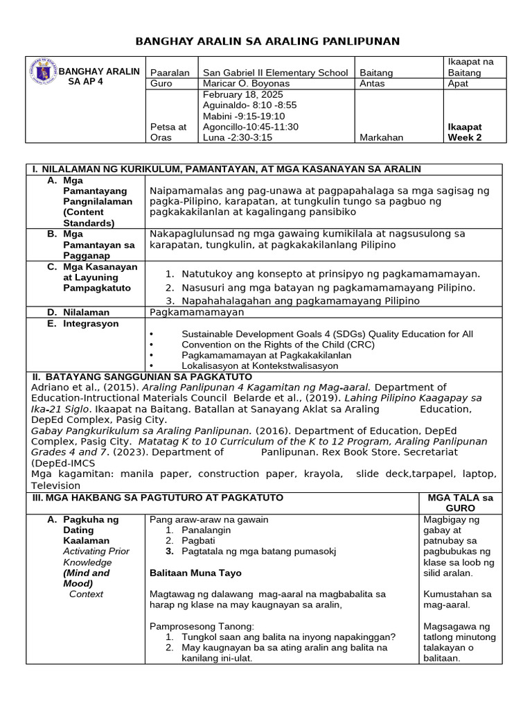 Cot AP MATATAG LP Q4 Week 2dAY 2 New | PDF