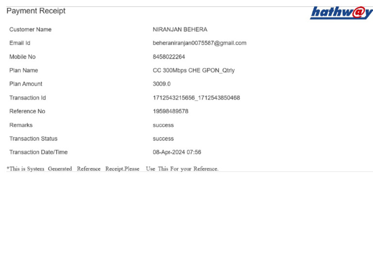 Hathway Payment Receipt | PDF