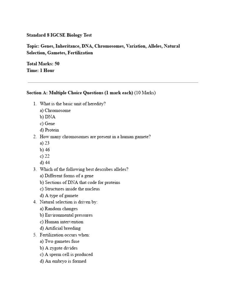 Standard 8 IGCSE Biology Test | PDF | Genetics | Reproduction