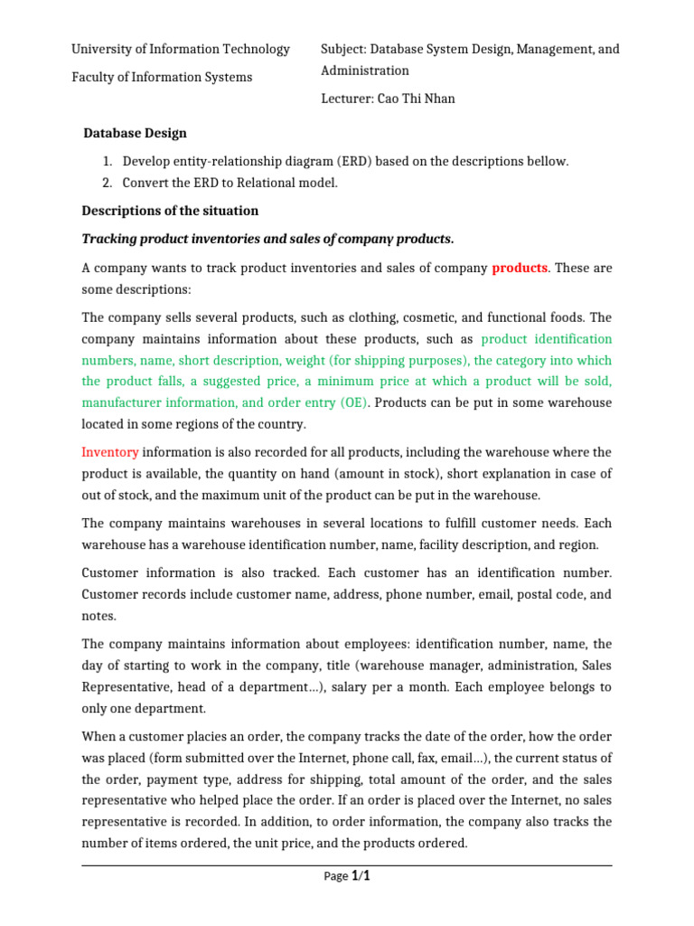 Database Design - Order_Description - DBs | PDF | Warehouse | Inventory
