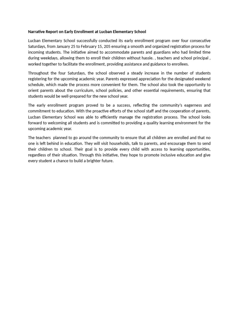 Narrative Report on Early Enrollment at Lucban Elementary School | PDF